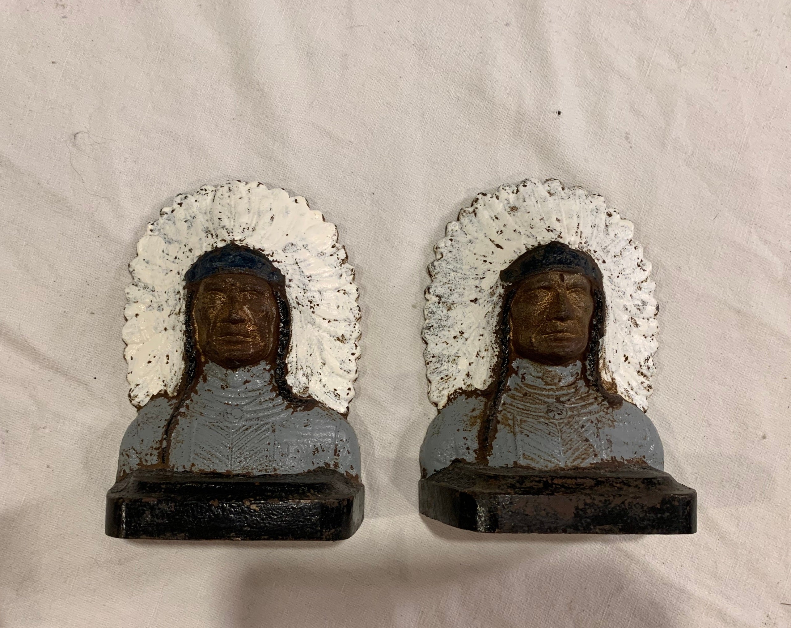 1920s Indian Head Painted Bookends | Santa Fe Vintage